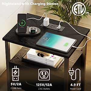 TRIFEBLE Night Stand Set 2, End Table with Charging Station, LED Bedside Table with Fabric Drawer for Bedroom, 3-Tier Side Table with Open Shelf, Black