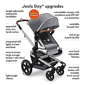 Joolz Day+ Stroller for Babies from Birth to Toddlers 6 Month+ (up to 50lbs) Complete Set: Cot & Seat (incl. Raincover) One-Hand Compact Fold - Reversible Parent Facing Stroller Seat - Gorgeous Grey