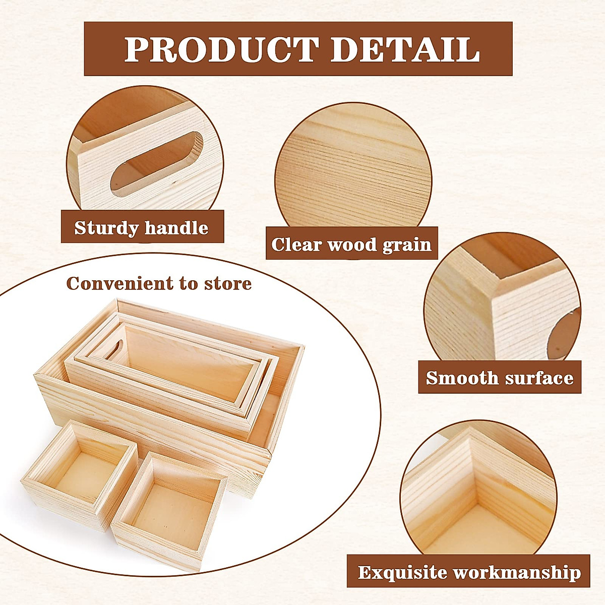 Aweyka 6 Packs Unfinished Wood Box in 5 Sizes Rustic Handles Wooden Box Storage Organizer Container Craft Box Nesting Treasure Boxes for Crafts Home Table Decoration