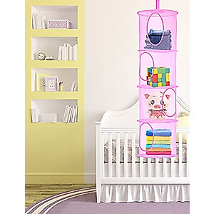 2Pcs Stuffed Animal Storage Foldable Stuffed Animal Net or Hammock Organizer, 4 Compartments Hanging Mesh Toy Storage Hammock for Kid Room Toys, Gloves, Hats, Socks（Pink）