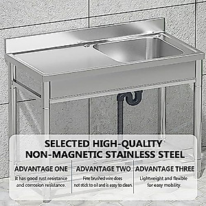 Outdoor utility commercial garage sink,Indoor kitchen Stainless Steel sink,with faucet,with storage rack,1 Compartment,Wear-resistant and smooth, large capacity,for restaurant,Basement. (Size : 80CM+
