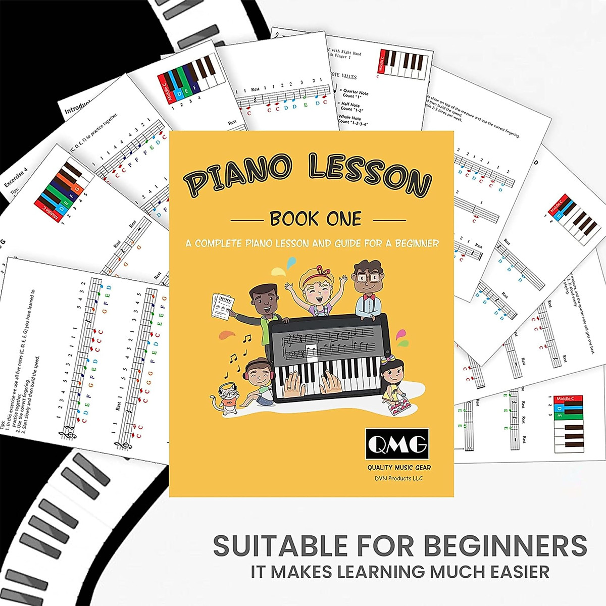QMG Color Piano and Keyboard Stickers and Complete Color Note Piano Music Lesson and Guide Book for Kids and Beginners
