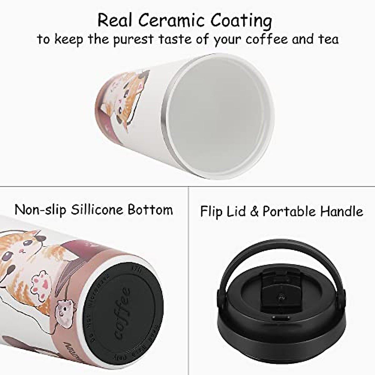 Funkrin Insulated Travel Coffee Mug with Ceramic Coating, Personalized Gifts for Men Women Kids, 16oz Stainless Steel Tumbler with Flip Lid Portable Handle, Double Wall Leak-Proof Thermos Mug