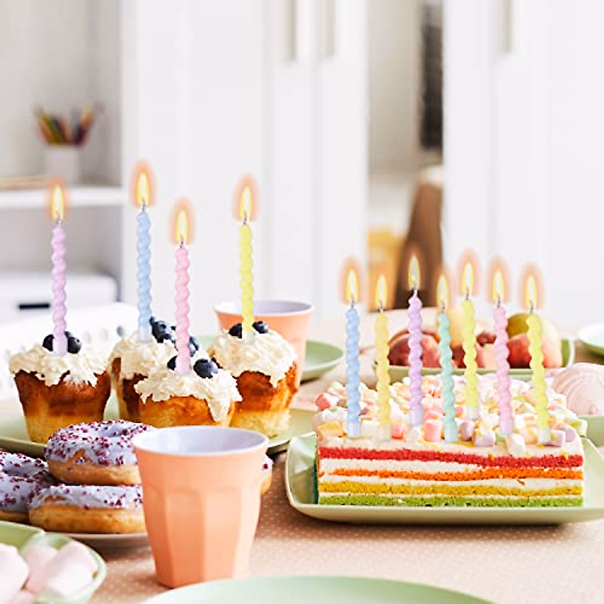 IBLESSU 36-Count Rainbow Spiral Birthday Candles, Long Birthday Candles Colorful Cake Candles Decoration Birthday, Anniversary, Wedding, Party Candles