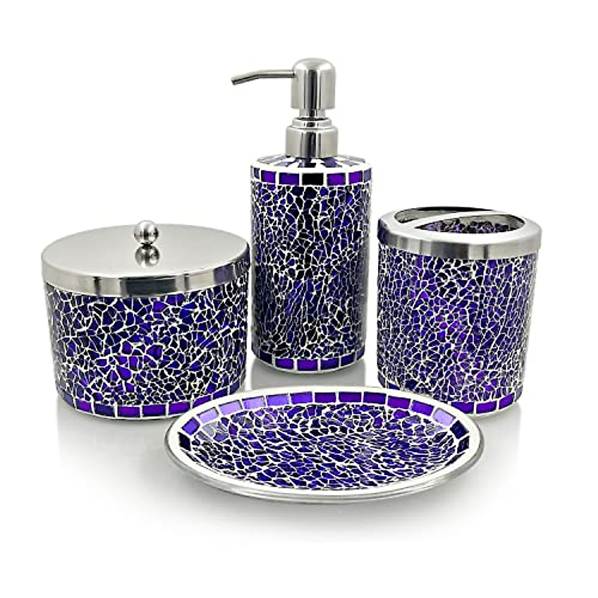 LushAccents Bathroom Accessories Set, 5-Piece Decorative Glass Bathroom Accessories Set, Soap Dispenser, Soap Tray, Vanity Tray, Jar, Toothbrush Holder, Elegant Lavender Mosaic Glass