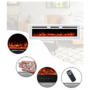 Ergosoft Extra-Thin Electric Fireplace 4inch Thickness, Wall-Mounted&Recessed Fireplace, Adjustable Flame and Heat with Remote Control and Touch Screen, 750-1500W, 60inch, White