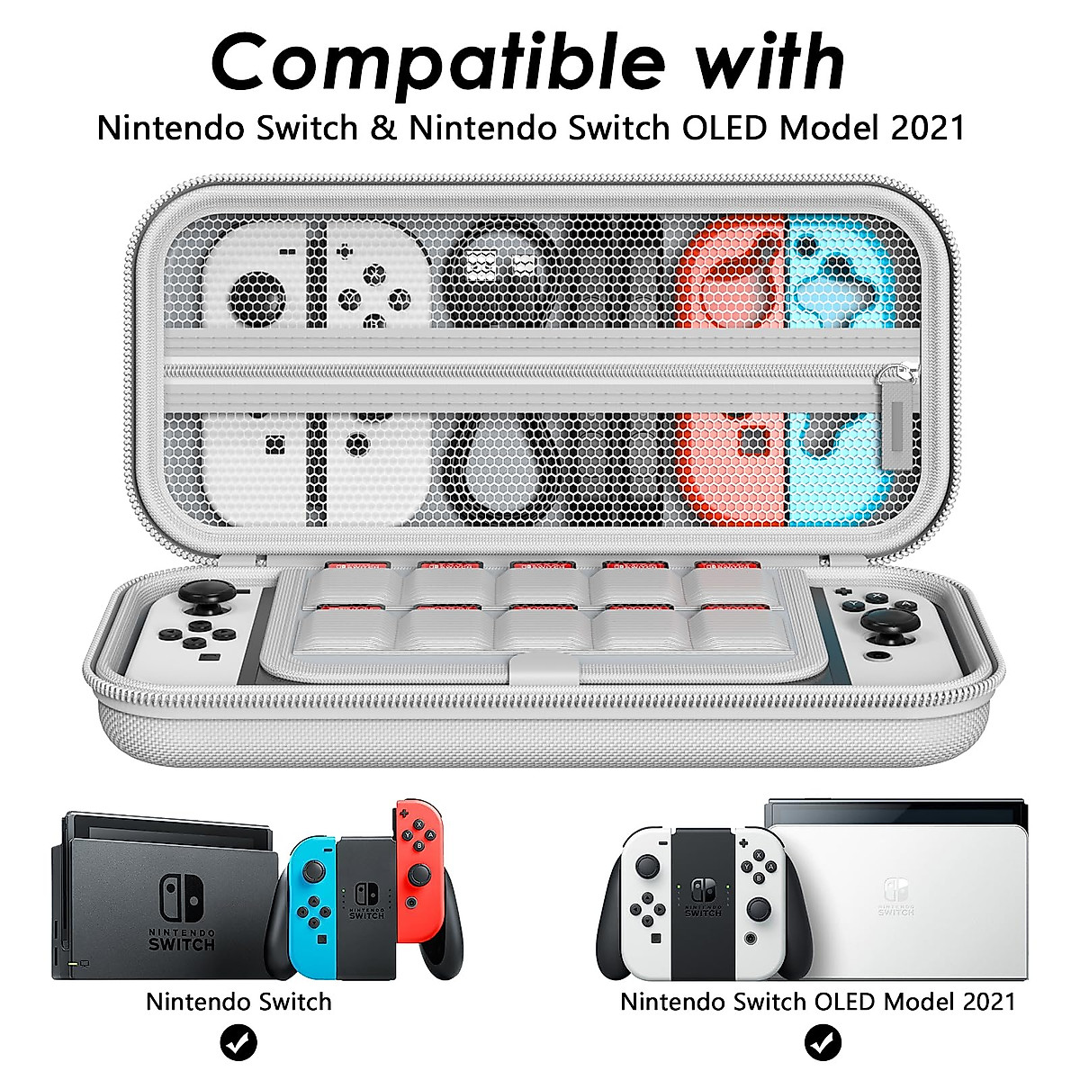 Mooroer Switch Carrying Case Compatible with Nintendo Switch/Switch OLED Console, White Protective Hard Portable Switch Travel Case Shell Pouch with 10 Games Cartridges for Accessories and Games