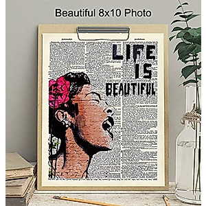 Banksy Wall Art - Upcycled Dictionary Graffiti Art Print, Billie Holiday 8x10 Street Art Poster, Home Decor - Urban Wall Art Print and Room Decorations - Makes a Great Gift - 8x10 Photo Unframed