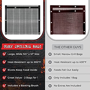 Oleex Non-Stick Large BBQ Grilling Bags + Basting Brush - Reusable PTFE Mesh Indoor Outdoor Charcoal Barbecue Grill Bag Accessories, Heat-Resistant Up to 500 F, Easy to Clean, Dishwasher-Safe