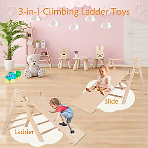 MyHarney 3-in-1 Wooden Climbing Ladder Toys, Climbing Gym Set for Toddlers, Triangle Toddler Boys & Girls Climber Toys with Ramp, Toddler Slide Ladder for Home Indoor Playground 2-6yrs Old