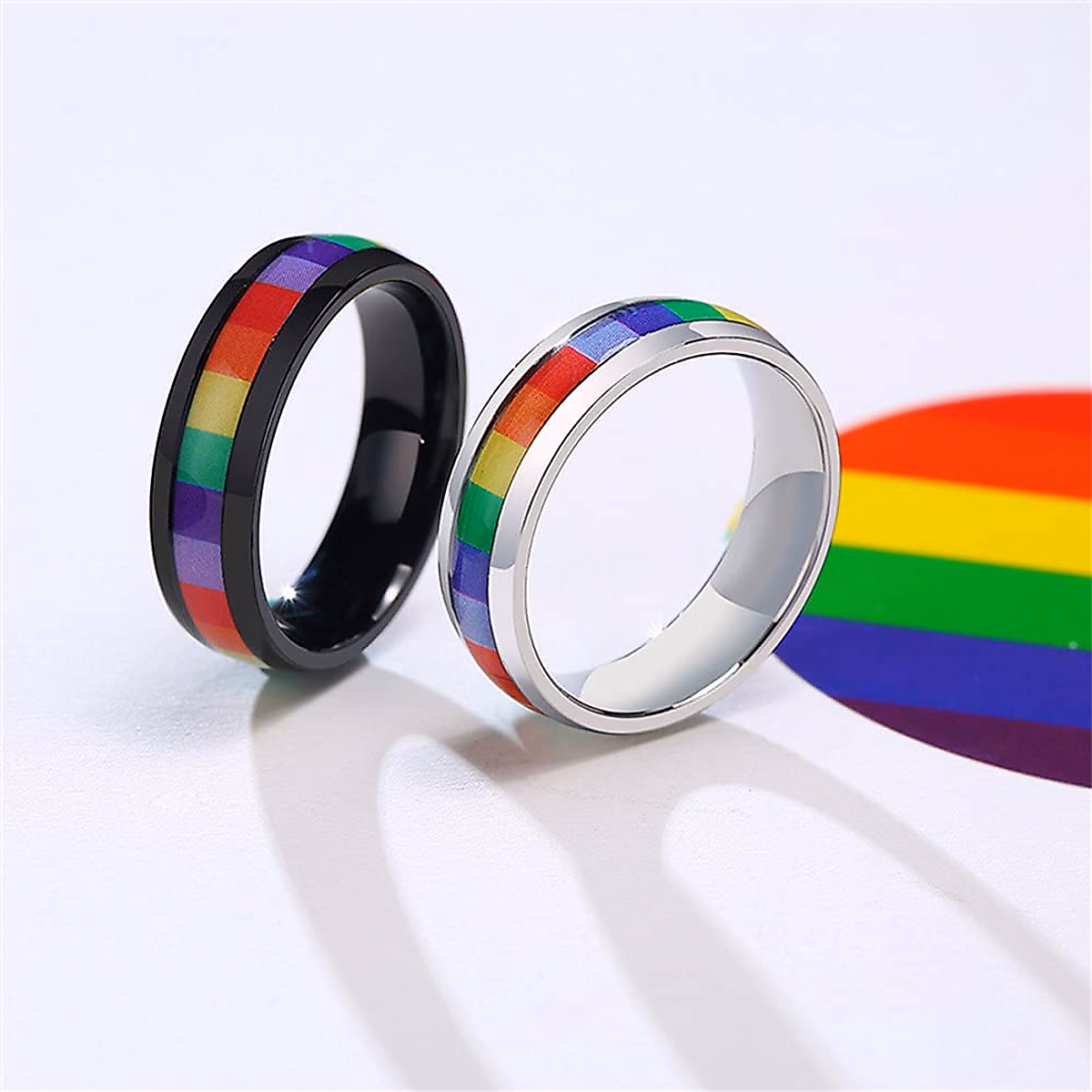 6mm Wide Square Rainbow LGBT Pride Band Rings Chuky Thick Black Enameled Stainless Steel Eternity Promise Statement Engagement Couple Rings Love is Love Finger Knuckle Rings Boyfriend Girlfriend Christmas Valentines Gifts (Silver, 8)