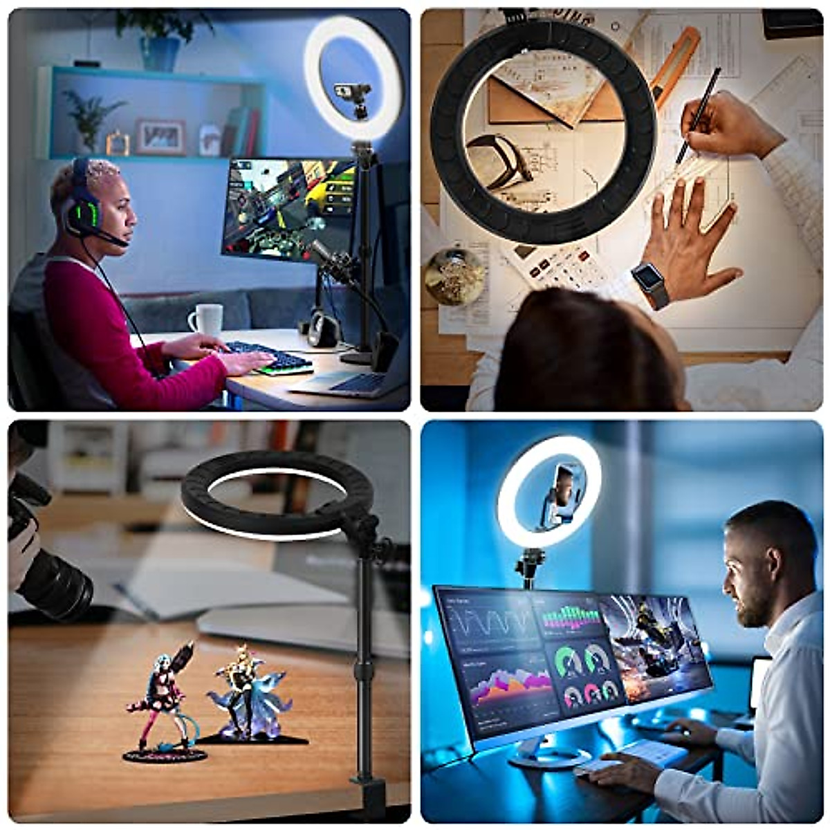 Computer Streaming Ring Light with Desk Mount Stand for Video Conferencing Recording/Zoom Meeting/Calls/Makeup-12''LED Desktop Circle Lighting with Clamp Stand&Phone Holder for Phone/Webcam/Camera