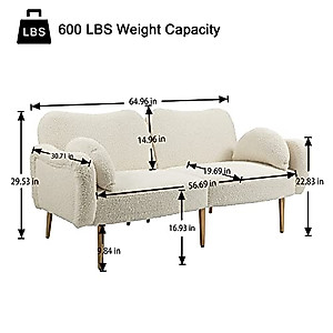 Modern Velvet Futon Sofa Bed, Convertible Loveseat with 2 Crescent-shaped Pillows, Small Sleeper Sofa with 3 Adjustable Positions, Upholstered Living Room Couch with 7 Metal Tapered Legs, White Teddy