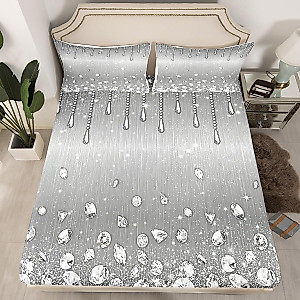 Geometric Ombre Stripes Fitted Sheet Full Size,Silver Glitter Sequin Diamond Bedding Set,Kids Girls Boys Adults Room Decor,Princess Dreamy Bed Cover,Gray Romantic Bed Sheet,2 Pillowcases