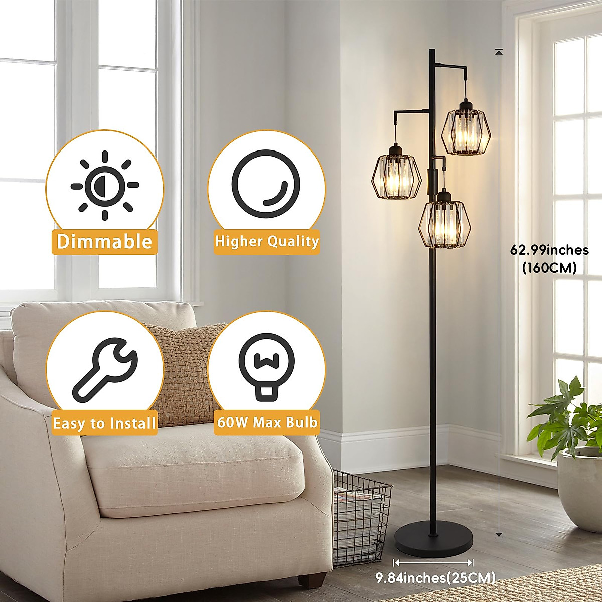 Loiogohot Floor Lamp,Industrial Floor Lamp for Living Room,Farmhouse Floor Lamp,Dimmable Floor Lamp 3-Light Crystal Standing Light,Rustic Tall Tree Reading Lamps for Bedroom,Office,Dining Room