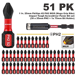 Geinxurn 51Pack PH2 1 Inches Impact Tough Anti-Slip Screwdriver Bits, #2 Phillips 1/4 Inch Hex Shank Magnetic Tips Cross Screwdriver Bits Set with 1Pcs Impact Bit Holder,Bulk