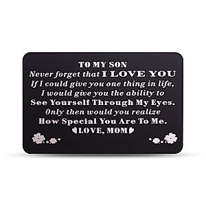Personalized Engraved Message Wallet Card Inserts Customized for Son from Mom - I Love You - Birthday Christmas Graduation Deployment - Unique Custom Metal Cards for Him from Mother