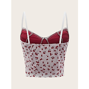 SOLY HUX Women's Cherry Print V Neck Summer Cami Top Bow Lace Trim Sleeveless Summer Crop Tops Red and White L