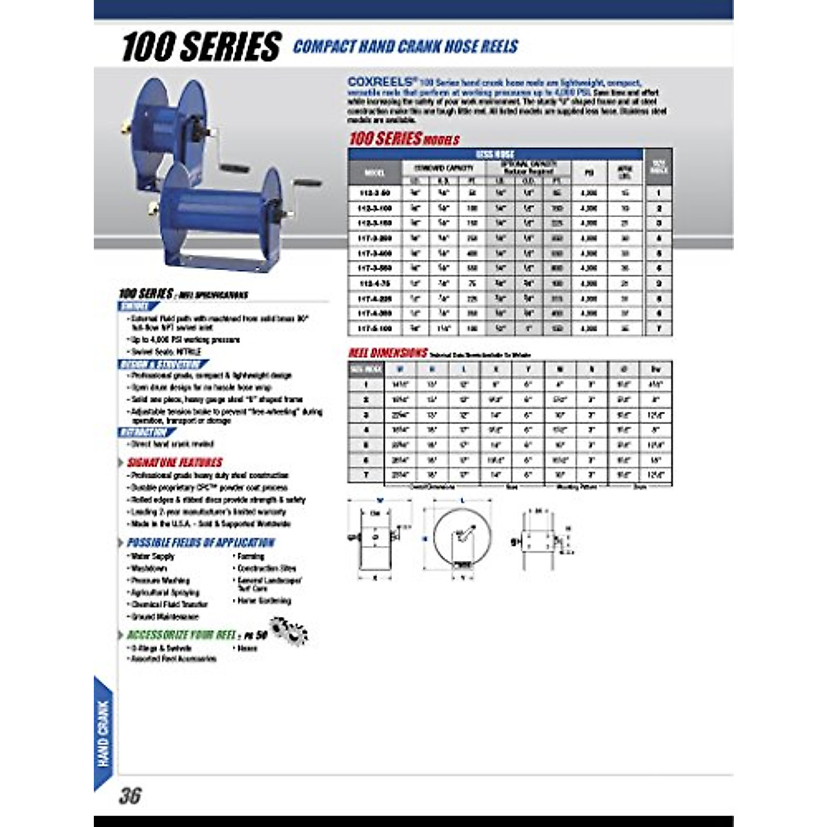 Coxreels 112-3-100 Hand Crank Hose Reel | Spool for Coiling Hoses and Cables | Rotating Storage Reel with Hand Crank | Steel Hose Reel | Fits 3/8'' x 100' Hose | 12” x 18.25” x 13”
