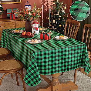 Buffalo Plaid Vinyl Christmas Tablecloth Rectangle 52 x 70 Inch With Flannel Backing, Waterproof & Anti Slip Plastic Tables Cloths, Heavy Duty Table Cover for Winter, Party & Holiday, Green and Black