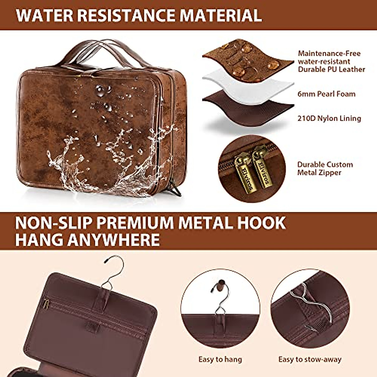 Elviros Hanging Travel Toiletry Bag for Men, 3 In 1 Large Makeup Bag Organizer for Women, Water-resistant PU Leather Dopp Kit Shaving Bag for Bathroom Toiletries, Cosmetics (Dark Brown)