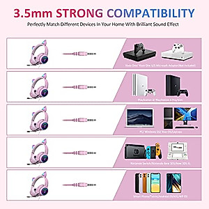 VIGROS Cat Ear Gaming Headphones Wired AUX 3.5mm LED Light, Noise Canceling Game Headphones Stereo Foldable Over-Ear Headsets with Microphone Fit Girls, Kids for PC, PS4, Switch, Xbox, Mobile, Laptop