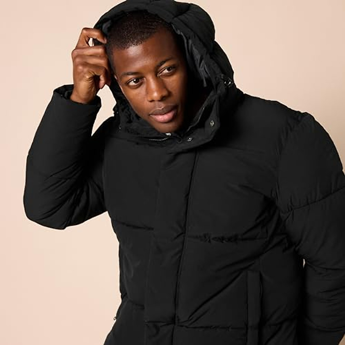 Amazon Essentials Men's Mid-Length Hooded Puffer Coat (Available in Big & Tall), Black, X-Large