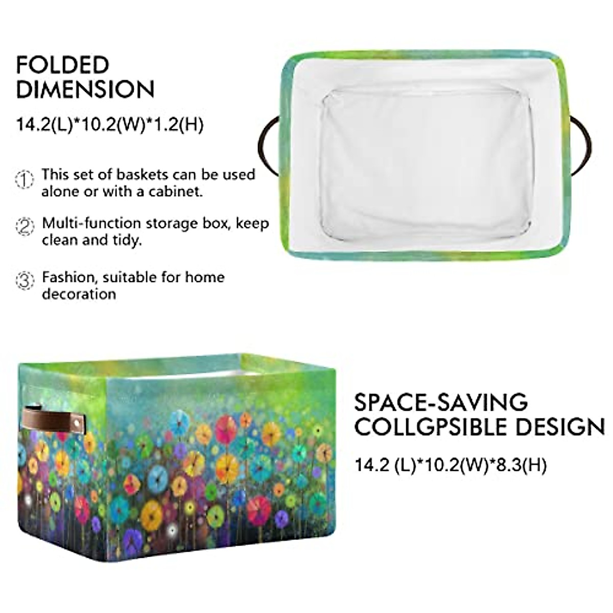 Foldable Storage Basket Green,Spring Flower Decorative Organizer Basket with PU Handles, Baskets for Shelves Home Closet Bedroom Living Room - 1 Pack