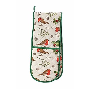 Ulster Weavers Double Oven Glove - Heat Resistant, 100% Cotton & Polyester, Machine Washable - Perfect for Cooking, Baking and Serving, Robins & Holly, Beige