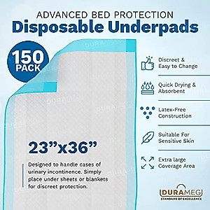 Chucks Pads Disposable [150-Pads] Underpads 23x36 Incontinence Chux Pads Absorbent Fluff Protective Bed Pads, Pee Pads for Babies, Kids, Adults & Elderly | Puppy Pads Large for Training Leak Proof