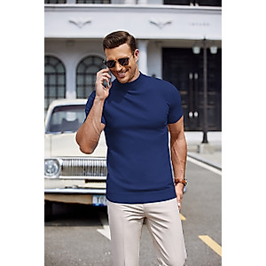 COOFANDY Mens Mock Turtleneck Short Sleeve Knit Sweater Business Casual Mock Neck Pullover Sweater Basic Tops Navy Blue