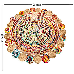 NAQSH Handcrafted Reversible Cotton Braided Area Rug -2 Ft Multicolor Hand Woven Braided Rug Rag (2 Feet, Multi Fancy Jute+Cotton)