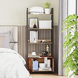 Furologee Bookshelf and Bookcase with Doors, Tall 61" Free Standing Display Shelving Units with 4-Tier Shelves, Industrial Storage Cabinet for Home Office, Living Room, Bedroom, Bathroom, Rustic Brown