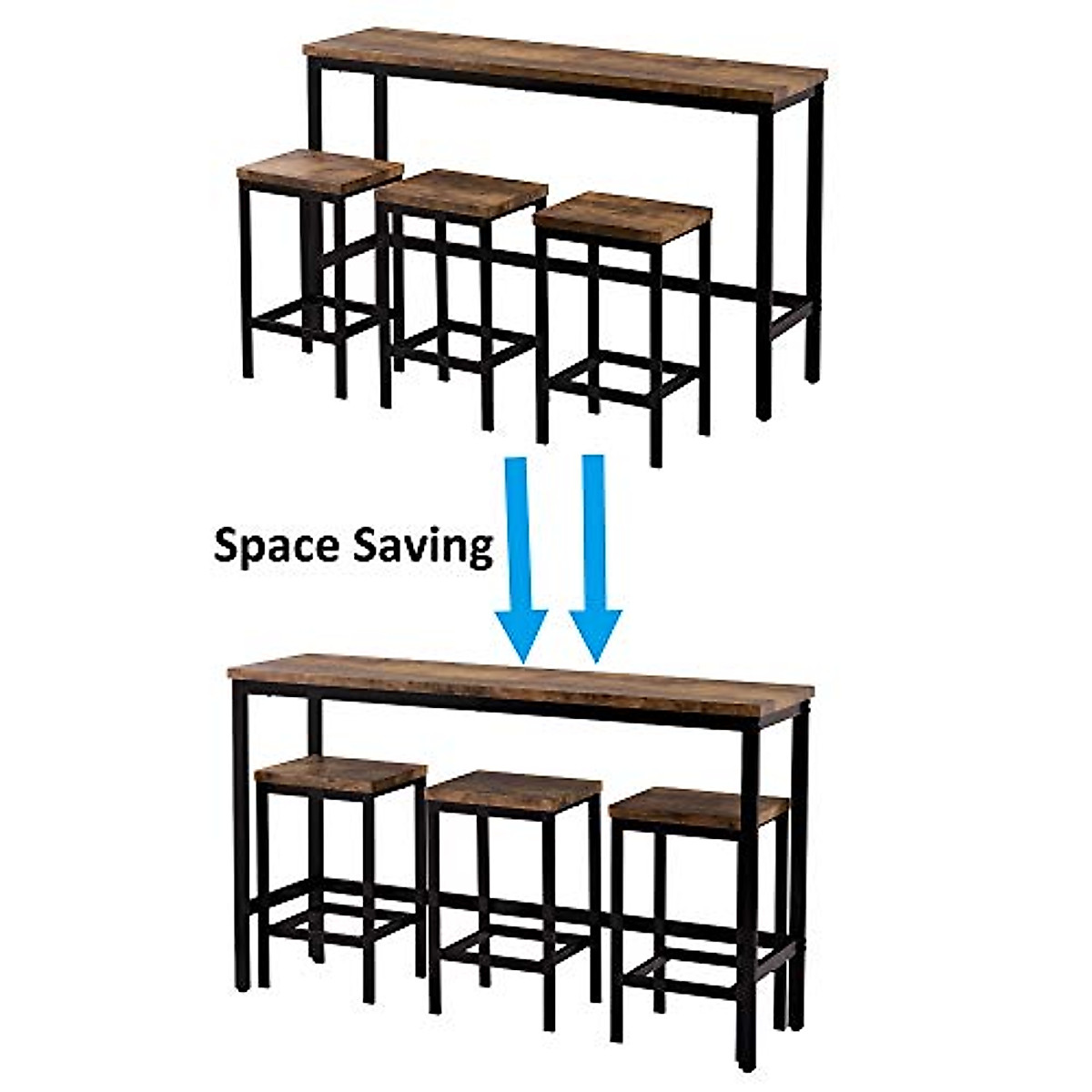 Merax 4-Piece Counter Height Extra Long Dining Table Set with 3 Stools and Side Table with Footrest Pub Kitchen Set (Brown)