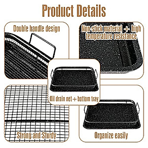 PBRO 2 Piece Copper Crisper Tray,13"L x9" W Oven Pan,Non Stick Baking Tray,Oven Baking Pan & Mesh Basket Set,Air Fryer Pan,Microwave Bacon Tray,French Fries Basket,Baking Set Kitchen Supplies -Black