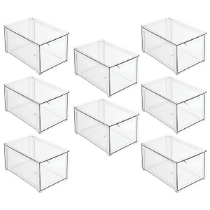 mDesign Plastic Stackable Closet Storage Organizer Bins with Pull Out Drawer for Cabinet, Desk, Shelf, Cupboard, or Dresser Organization - Lumiere Collection - 8 Pack - Clear