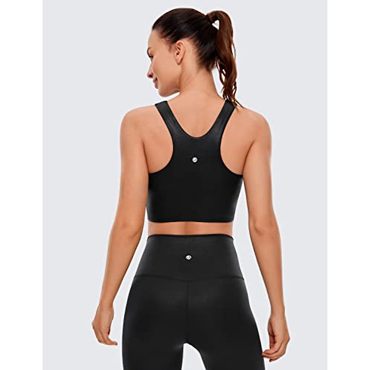 CRZ YOGA Butterluxe Racerback High Neck Longline Sports Bras for Women - Padded Workout Crop Tank Tops with Built in Pads Faux Leather Black Large