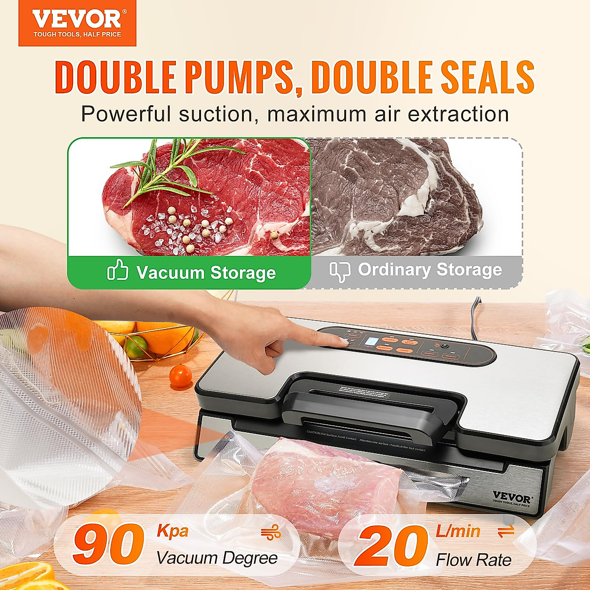 VEVOR Vacuum Sealer Machine, Food Sealer Machine，Dry and Moist Food Storage, Automatic and Manual Air Sealing System with Built-in Cutter, with Seal Bag， External Hose 90Kpa 130W Powerful Dual Pump