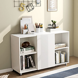 Tangkula Wood Bookcase with Wheels, Mobile Storage Cabinet w/ 6 Cubes, Printer Stand w/Open Shelf, Large Lateral Filing Cabinet, Multifunctional Storage Bookshelf for Home Office Study (White)