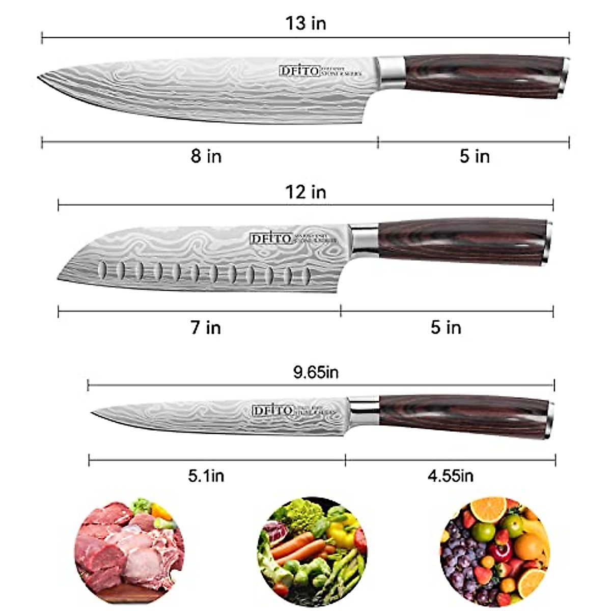 Dfito Chef Knife 3PCS, Professional Kitchen Knives,High Carbon Stainless Steel Chefs Knife Set, Ultra Sharp Blade, Ergonomic Handle and Gift Box for Home or Restaurant…