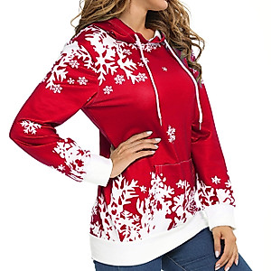 LOTUCY Christmas Women Sweatshirt Casual Hoodie Jumper Graphics Loose Snowflake Print Pocket Pullover Long Sleeve Sweater Xmas Holiday Funny tops (Red, M)