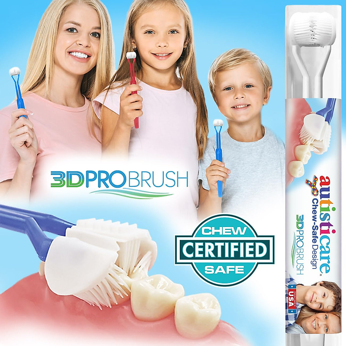 autisticare Chew-Safe | Sensory 3-Sided Toothbrush for Special Needs| Extra Gentle | Fast, Easy & Fun to Use | Autism Autistic Asperger Kids Child Caregiver | Made in USA