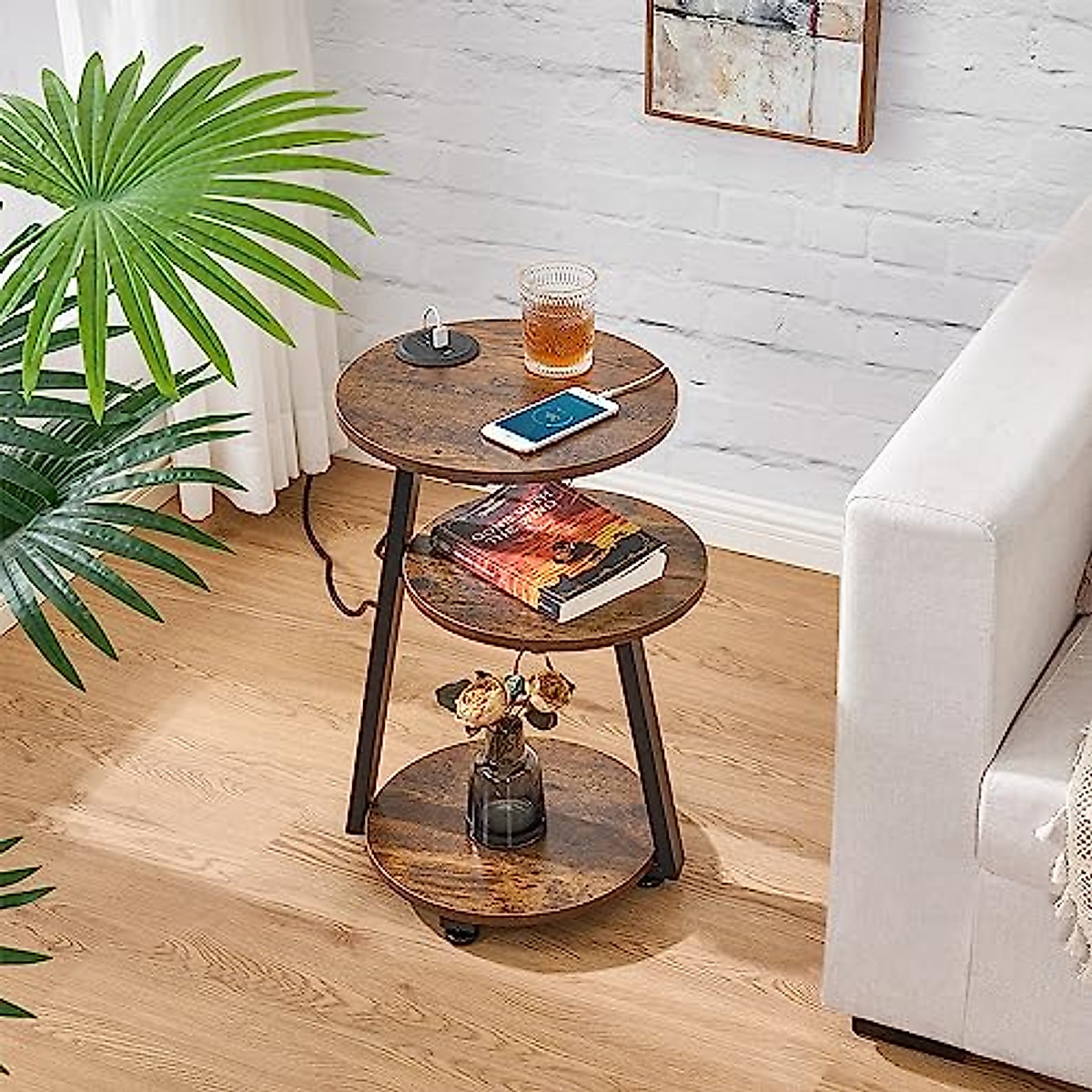 BEWISHOME Round End Table with Charging Station, Side Table Accent Table Nightstand Bedside Table with 3-Tier Shelves, Small Table for Living Room Bedroom Couch Table Coffee Table Rustic Brown KTZ51Z