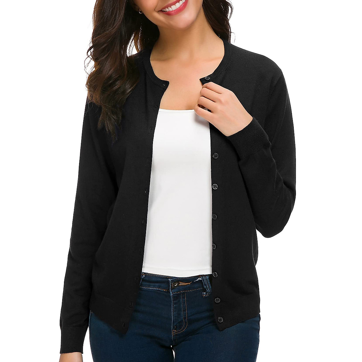 Urban CoCo Women's Long Sleeve Crew Neck Button Down Knit Cardigan Sweater (S, Black)