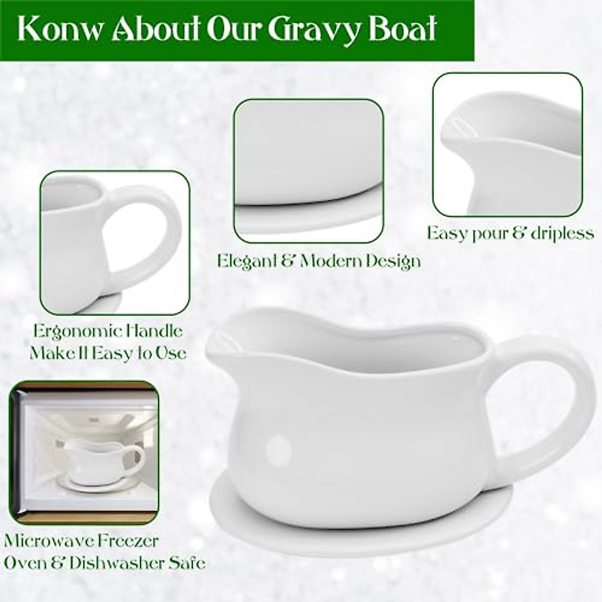 Gonioa 17oz ceramic Gravy Boat with Saucer Stand, Set of 2, Porcelain Gravy Boat with Dripless Lip Spout, Serving Dish for Salad Dressings, Creamer, Warming Sauces, Microwave & Freezer Safe (White)