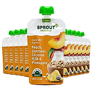 Sprout Organics, Peach, Oatmeal, Coconut Milk & Pineapple, 6+ Month Pouches, 3.5 oz (12-count)