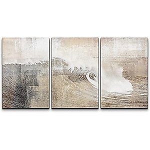 wall26 Canvas Print Wall Art Set Gray & Tan Color Block Ocean Wave Overlay Nature Wilderness Digital Art Modern Art Rustic Scenic Colorful for Living Room, Bedroom, Office - 24"x36"x3 Panels