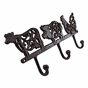 Ebros Cast Iron Filigree Scroll Patterns Rustic Barn Animals Chicken Pig and Cow 3 Peg Wall Hooks Western Vintage Farmhouse Multi-Purpose Hanger Plaque for Coats Hats Keys Clothing Towel Pet Leash