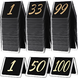 Suzile Table Numbers 1-100, 100-piece Double Sided Gold Acrylic Table Number Tents, 3.15" x 2.75" Number Signs for Receptions, Banquets, Restaurants, and Wedding(Black and Gold)