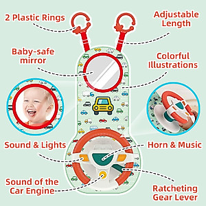 COVTOY Baby Car Seat Toys for Infants with Mirror Carseat Toys Steering Wheel with Music Lights Driving Sounds Car Seat Toy Baby Toys 6-12 Months